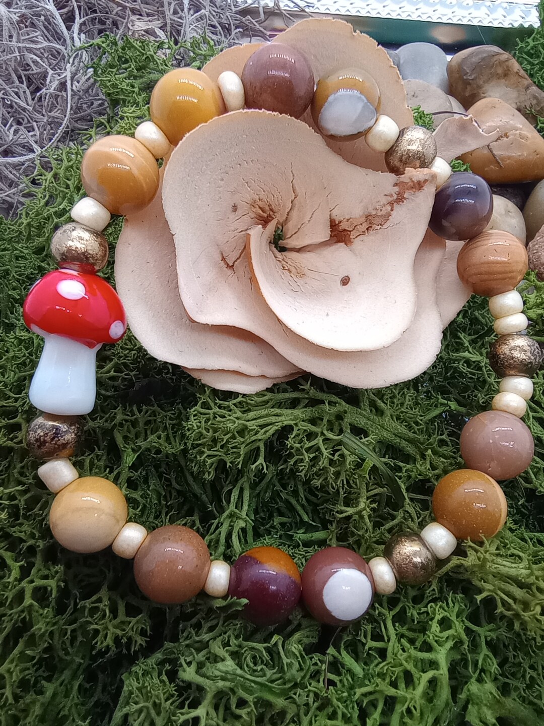 Mushroom and Mookaite Beaded Boho Bracelet, Crystal Stretch Bracelet ...