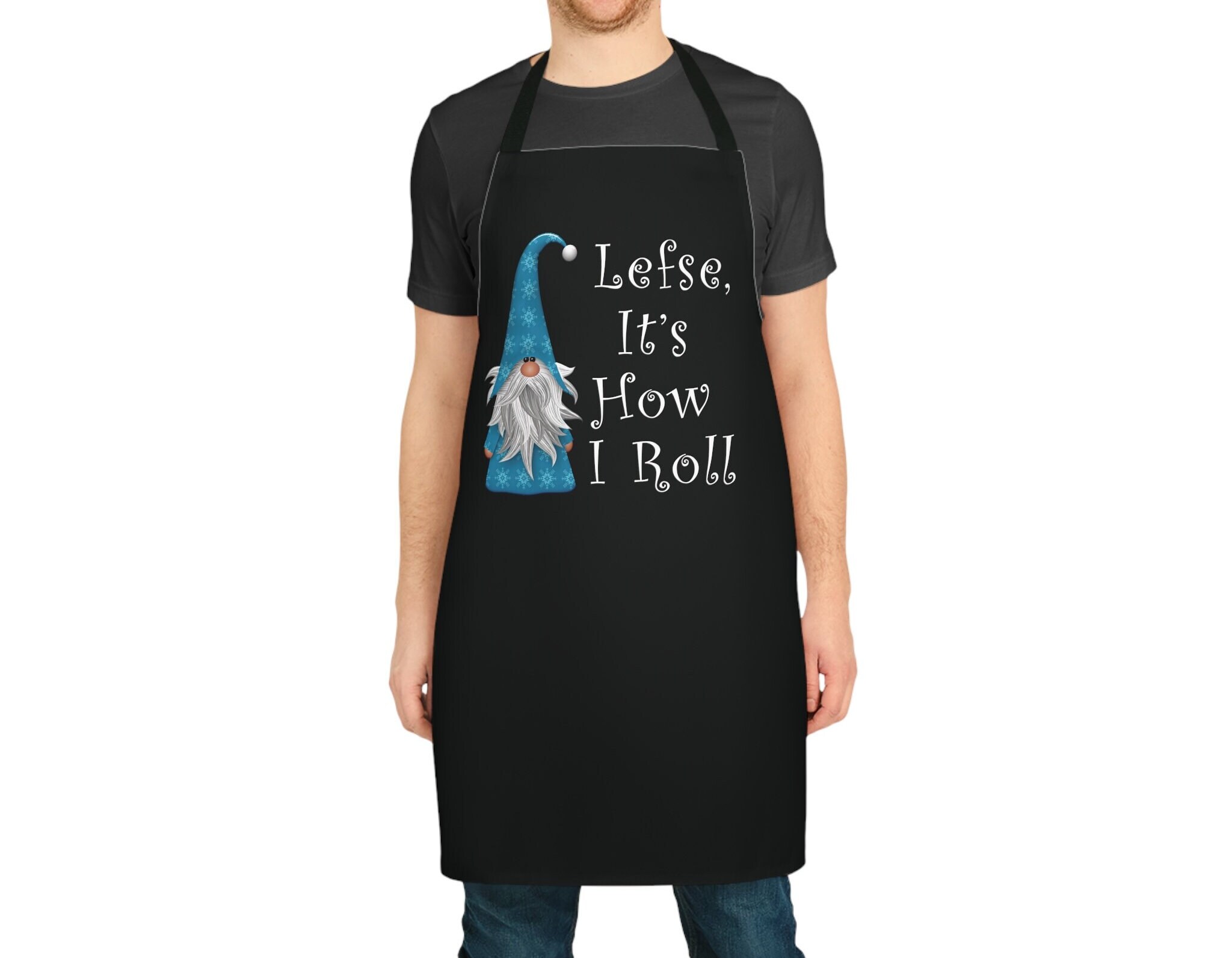 Lefse, It's How I Roll Black Apron, Blue Gnome, Lefse Apron, Norwegian ...