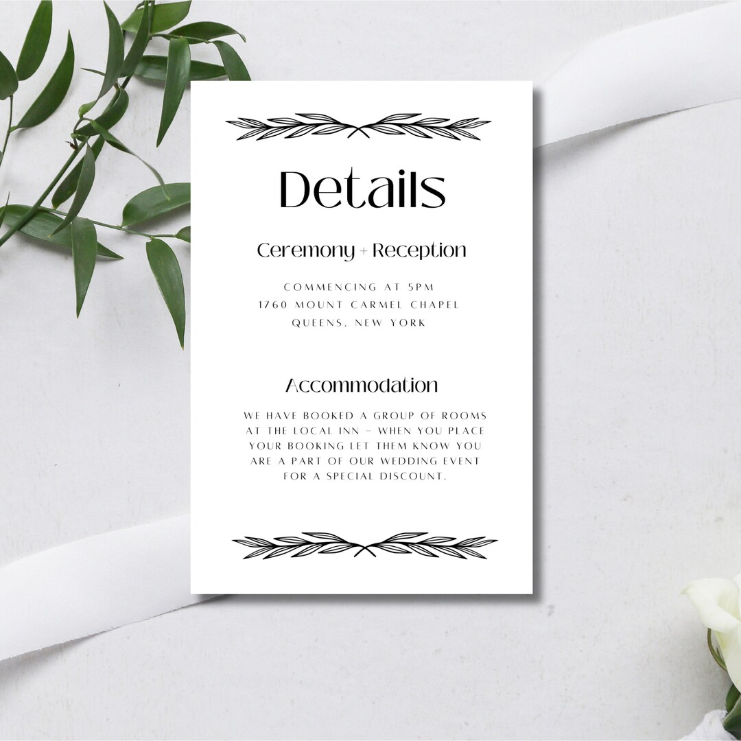 Greenery Details Wedding or Special Event Card Template, Details ...