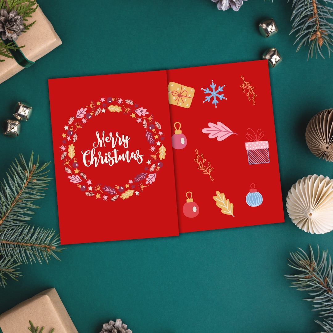 Modern Red Christmas Card Printable, Merry Christmas Card, Bright ...