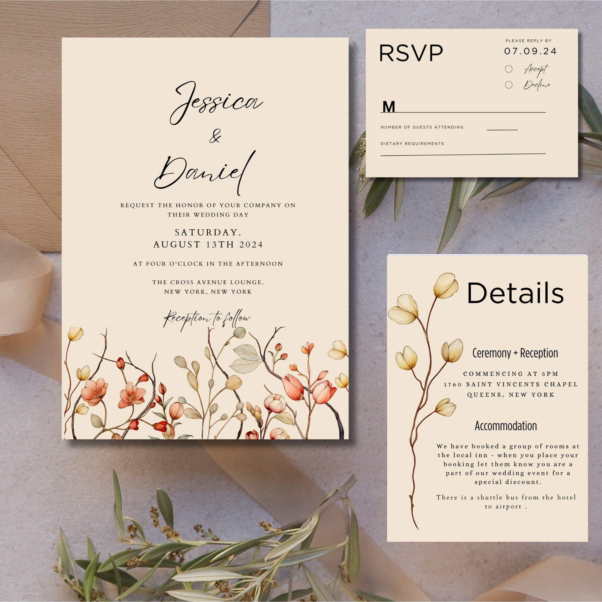 Floral Wedding Template Bundle, Boho Floral Wedding Bundle Downloadable, Floral Wedding Invite ...