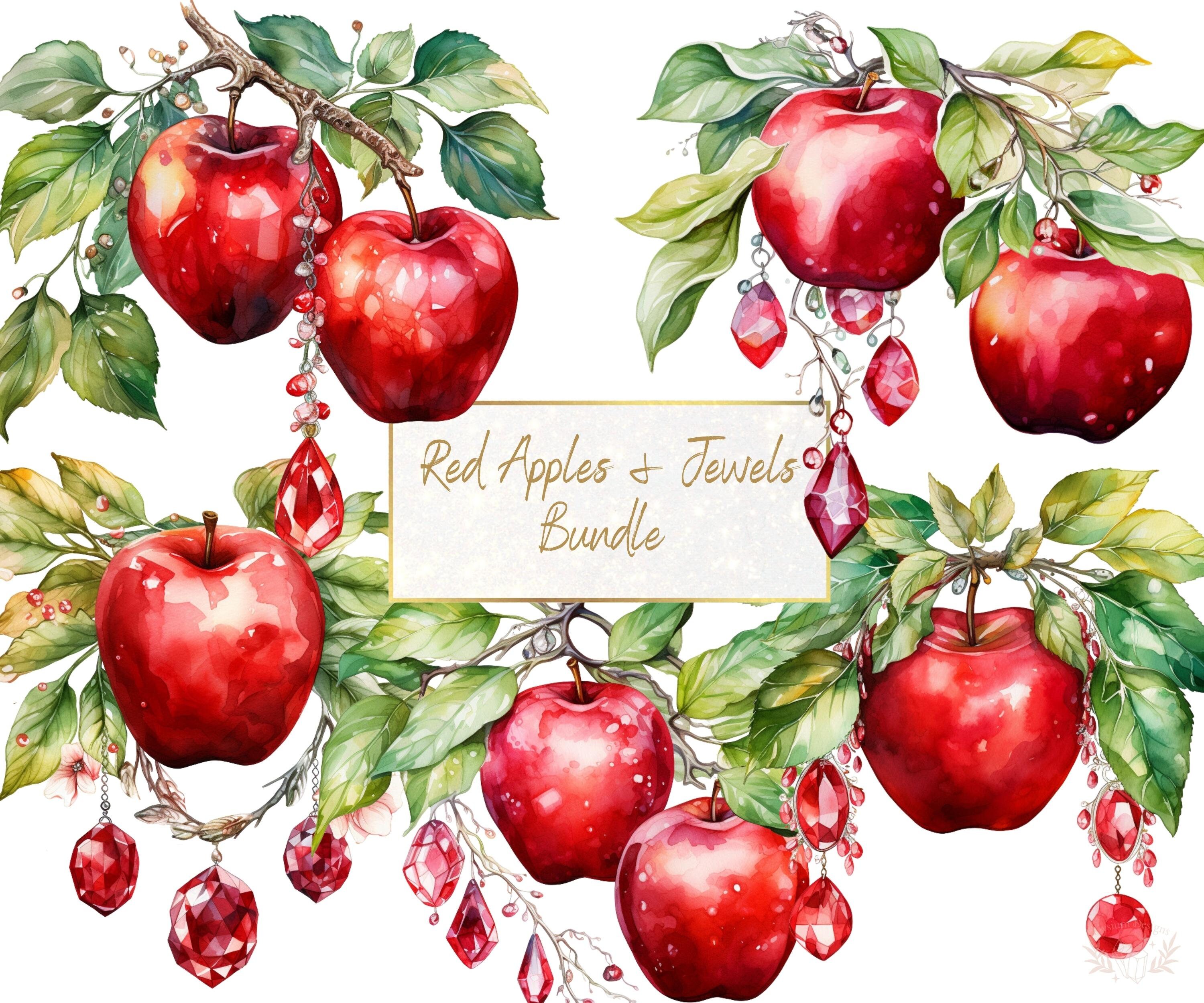 Red Apples & Jewels Watercolor Clipart, Apple Clipart, Apple PNG, Fall ...