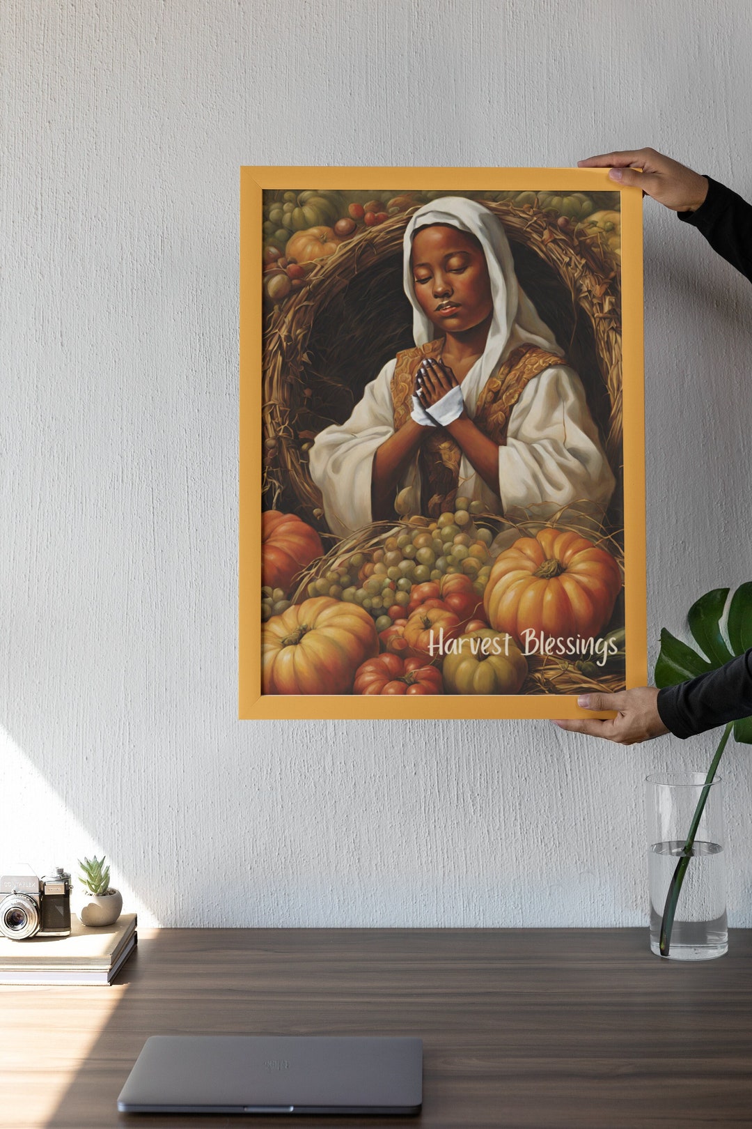 Woman Actively Praying While Reaping Her Harvest Harvest Blessings ...