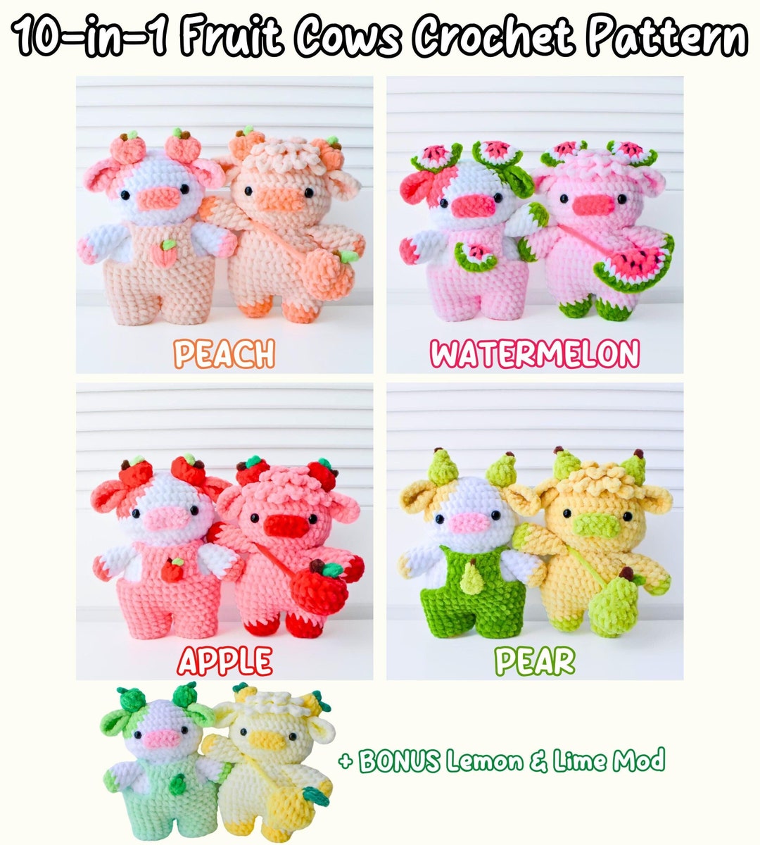 10-in-1 Fruit Cows Crochet Pattern Bundle (amigurumi Highland Cow ...
