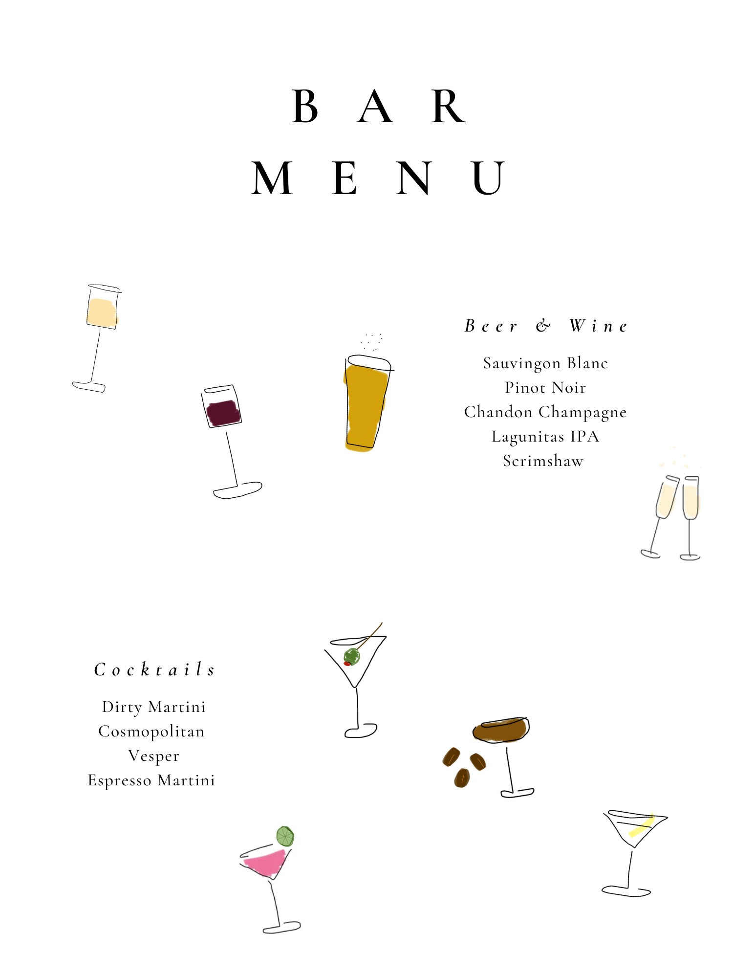 Bar Menu for Wedding or Dinner Party - Etsy