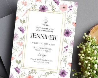 Pink Girl Communion Invitation, Elegant Holy Communion Editable ...
