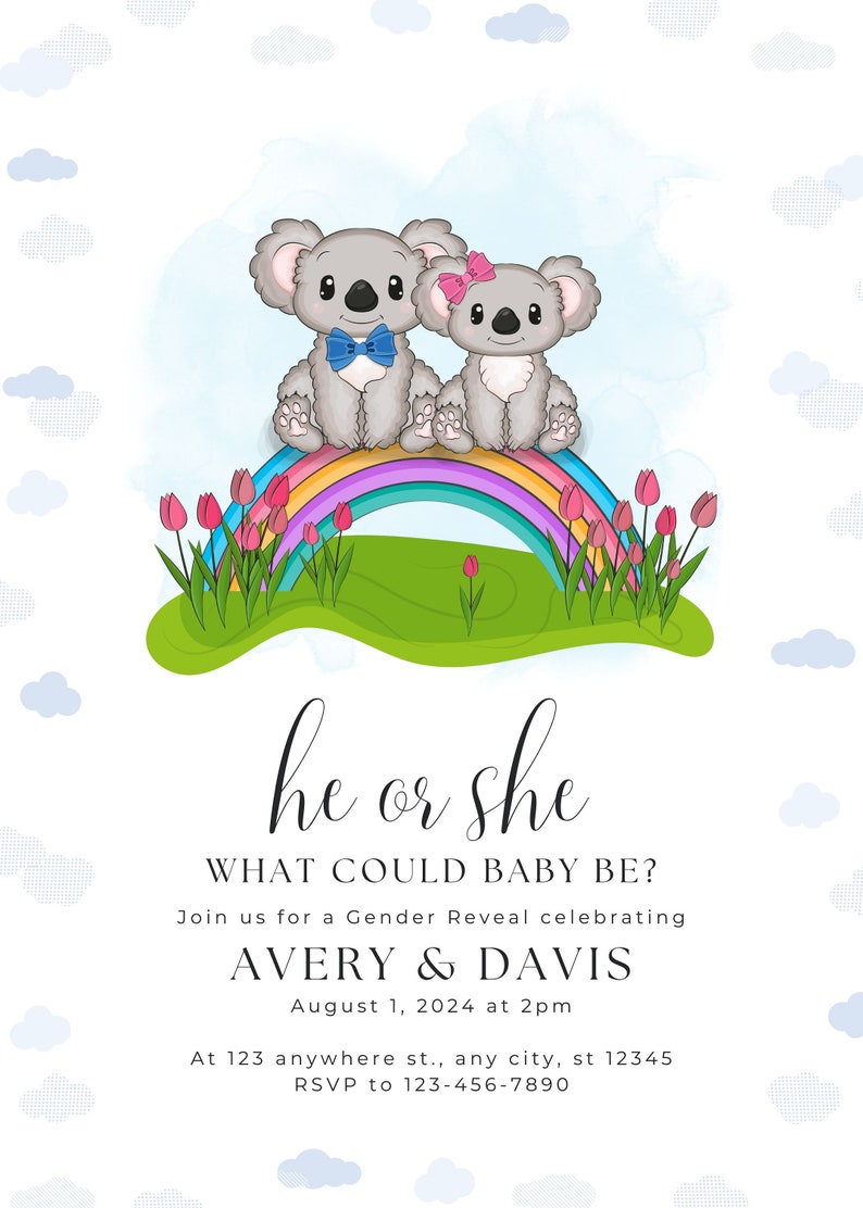 Small Koala Baby Reveal Card, Pastel Digital Boy or Girl Gender Reveal ...