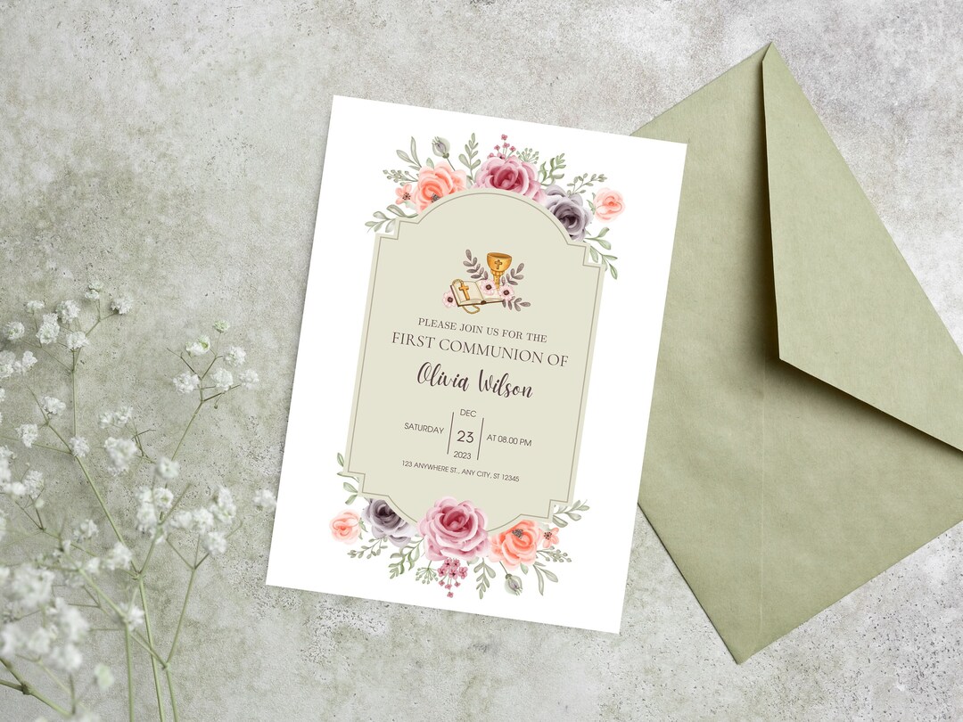 Floral Girl Communion Invitation, Elegant Gray Holy Communion Editable ...
