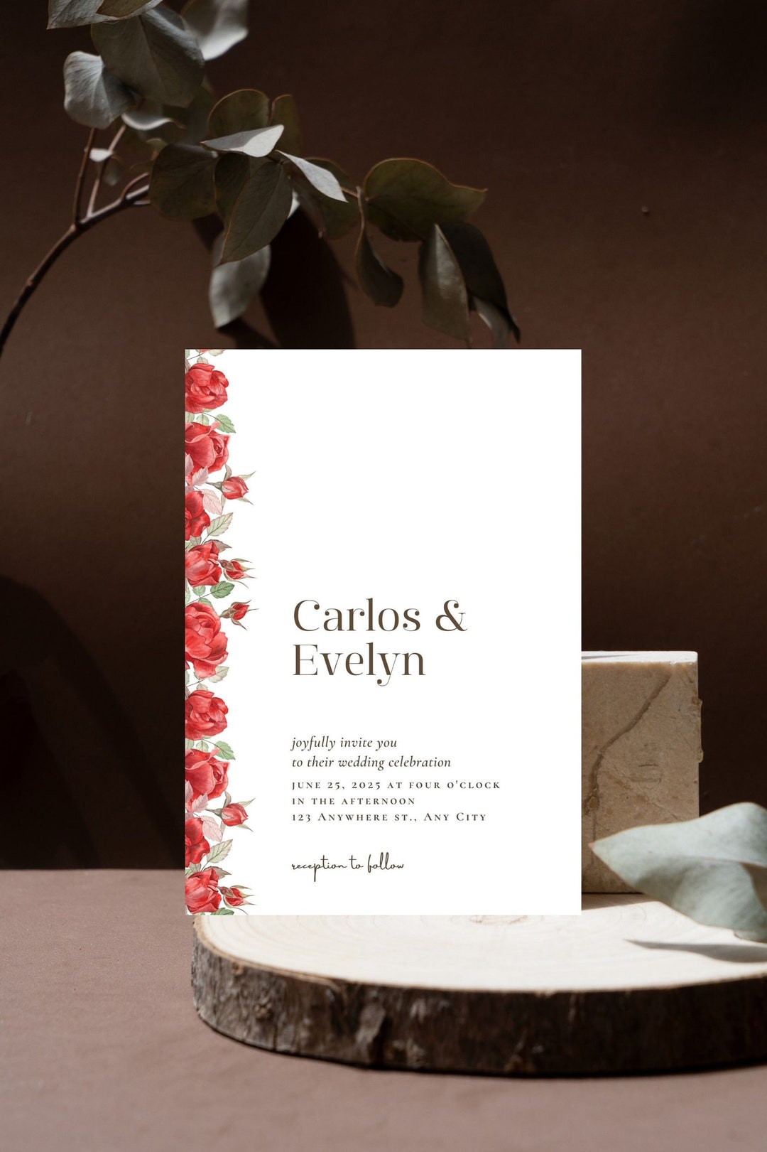 Red Roses Wedding Day Invitation, Wildflower Invite, Modern Wedding Day ...