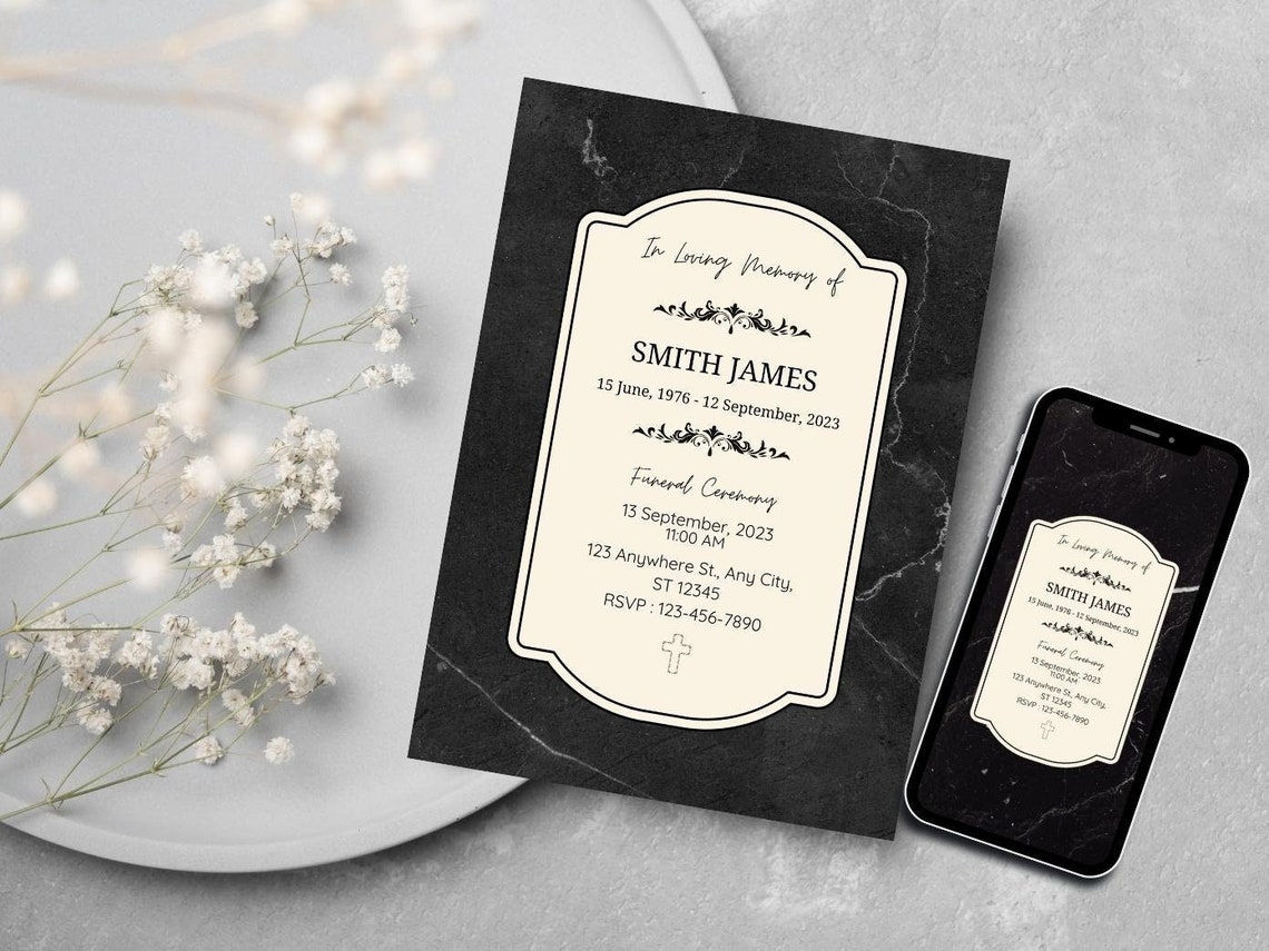 Black Funeral Memorial Card, Digital Funeral Invitation, Memorial ...
