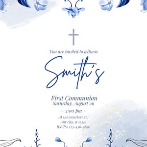Blue Floral Boy Communion Invitation, Elegant Holy Communion Editable ...