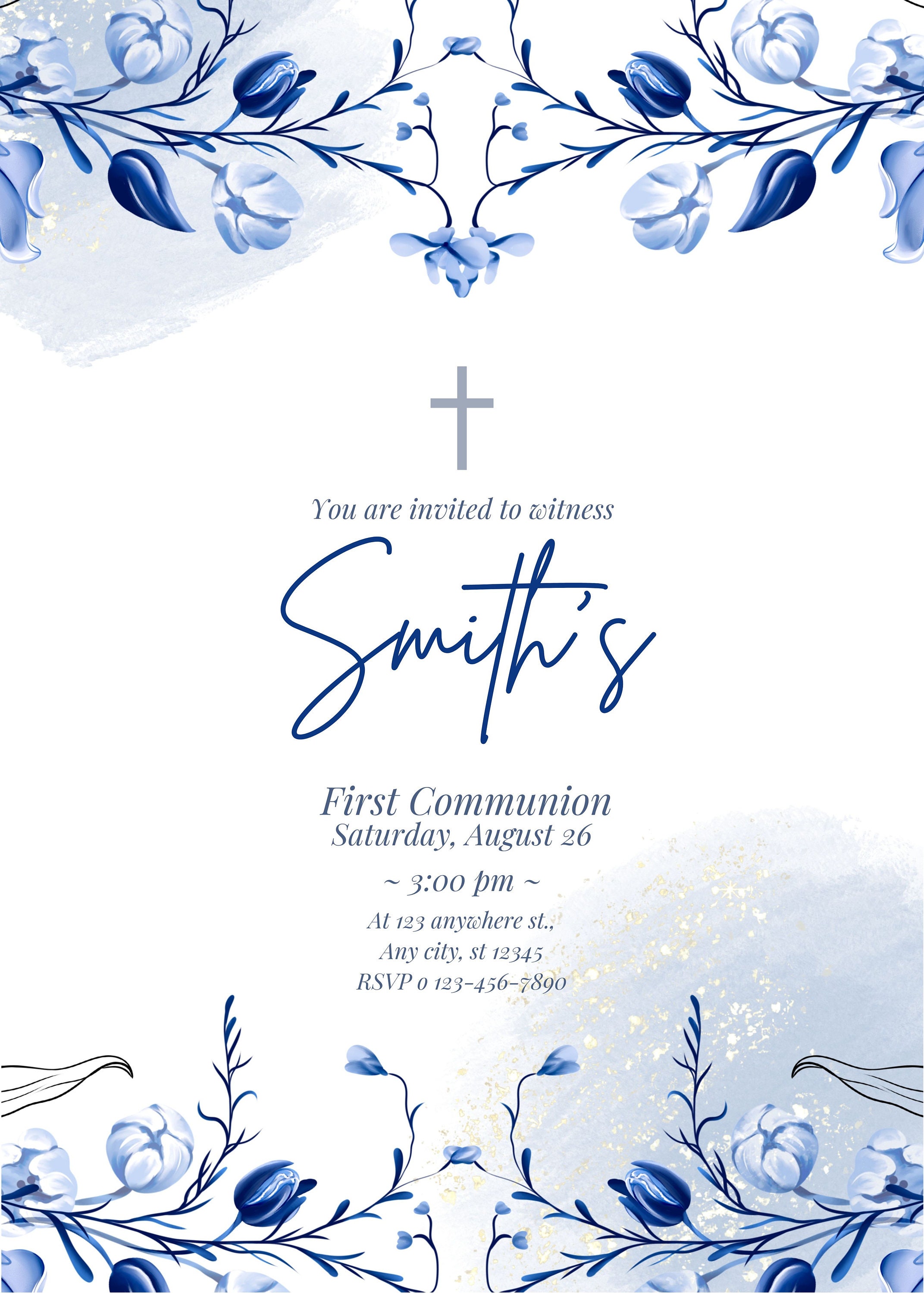 Blue Floral Boy Communion Invitation, Elegant Holy Communion Editable ...