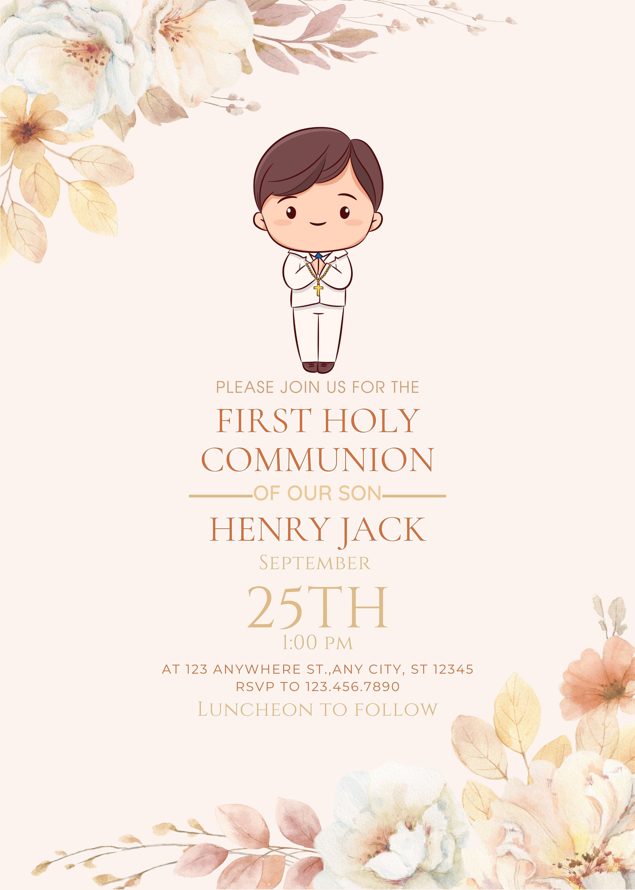 Floral Boy First Communion Invitation, Elegant Holy Communion Editable ...