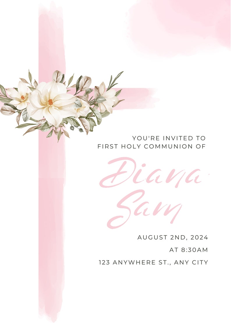 Pink and White Girl Communion Invitation, Elegant Holy Communion ...