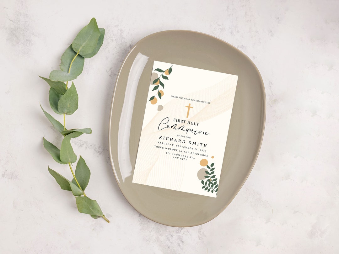 Boho Botanical Boy Communion Invitation, Holy Communion Editable ...