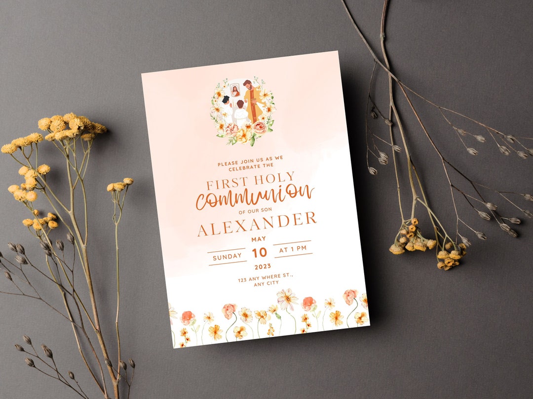 Orange and Pink Boy Communion Invitation, Floral Holy Communion ...