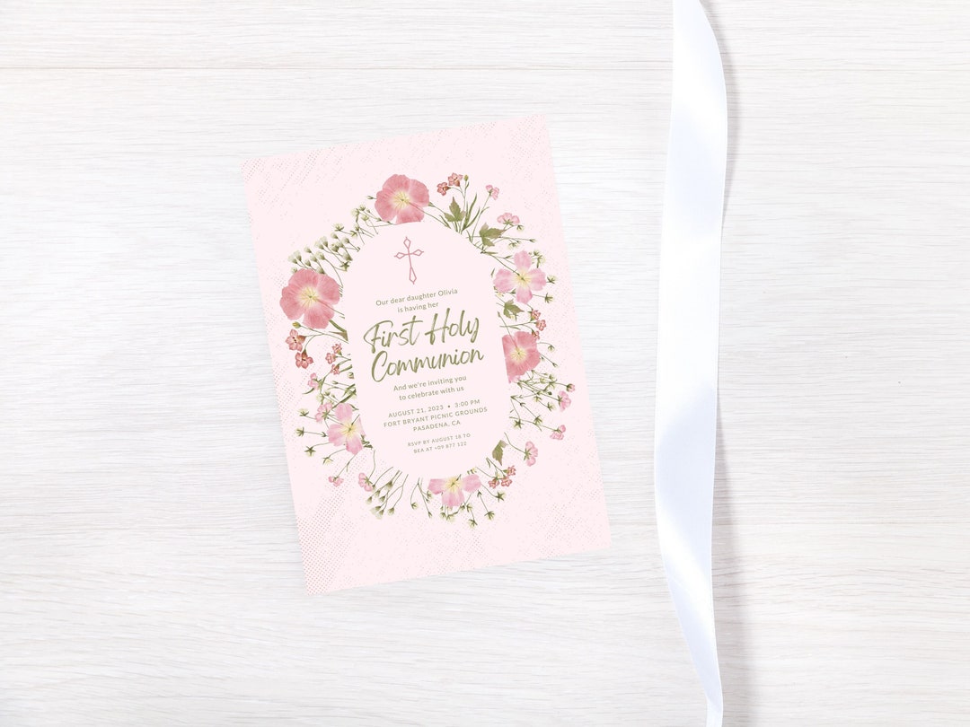 Pink and Grey Girl Communion Invitation, Floral Holy Communion Editable ...