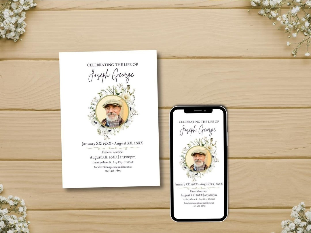 Funeral Memorial Card, Digital Funeral Invitation, White Floral ...