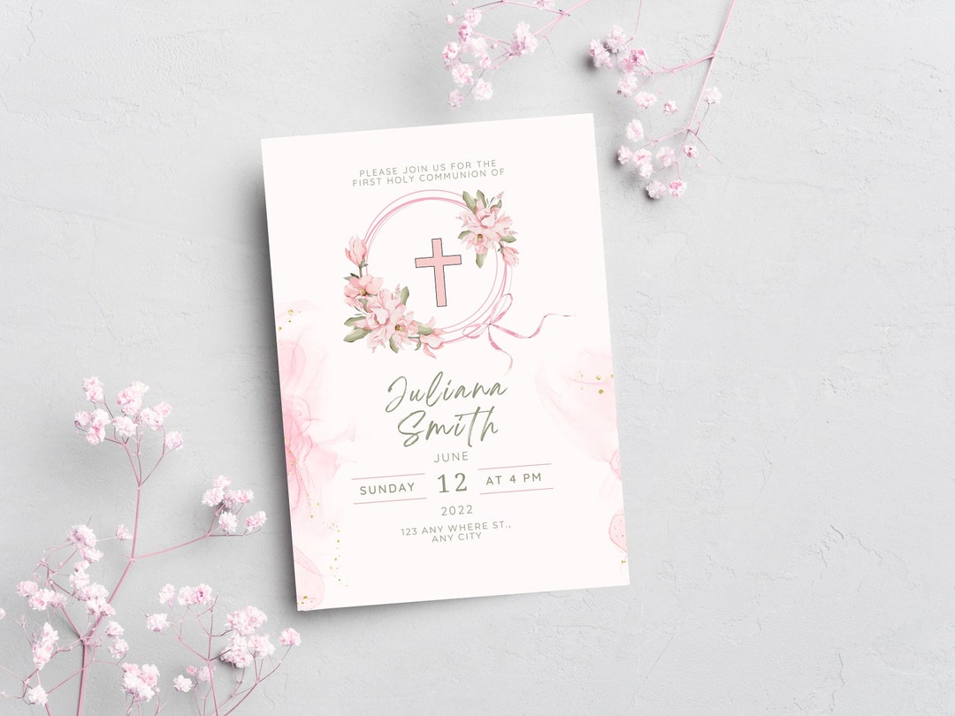 Pink Floral Girl Communion Invitation, Watercolor Holy Communion ...