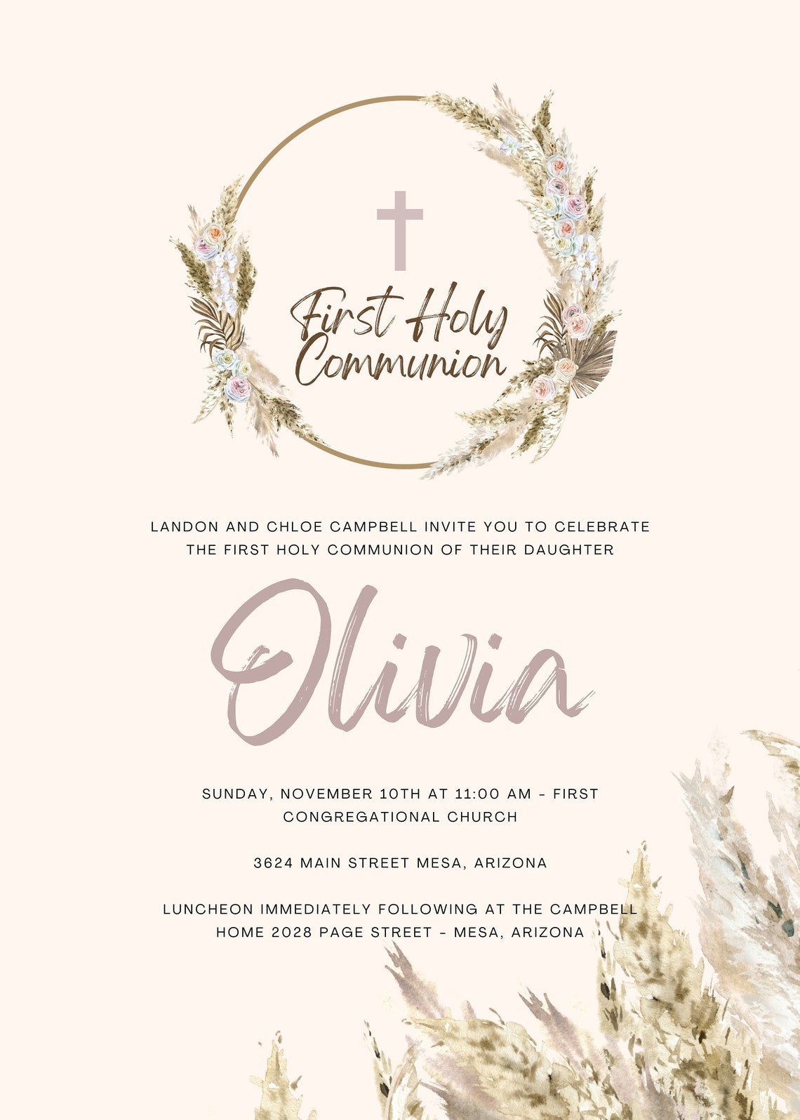 Pink Girl Communion Invitation, Elegant Holy Communion Editable ...