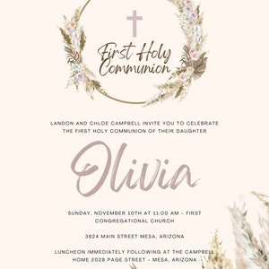 Pink Girl Communion Invitation, Elegant Holy Communion Editable ...