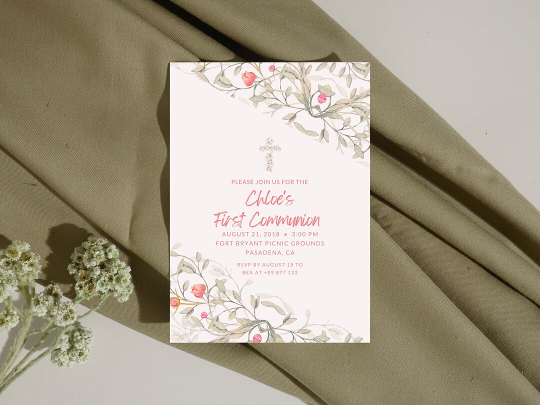 Pink and Grey Girl Communion Invitation, Floral Holy Communion Editable ...