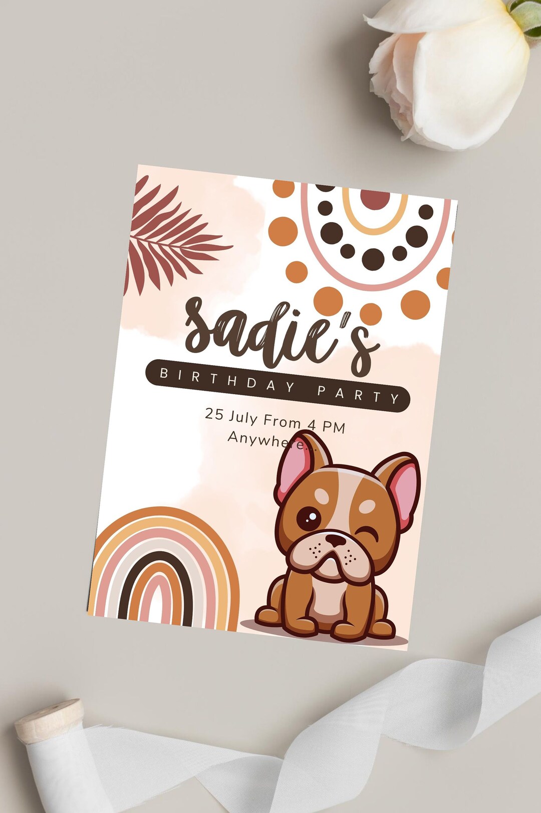 Boho Dog Birthday Party Invitation Card, French Bulldog Pet Birthday ...