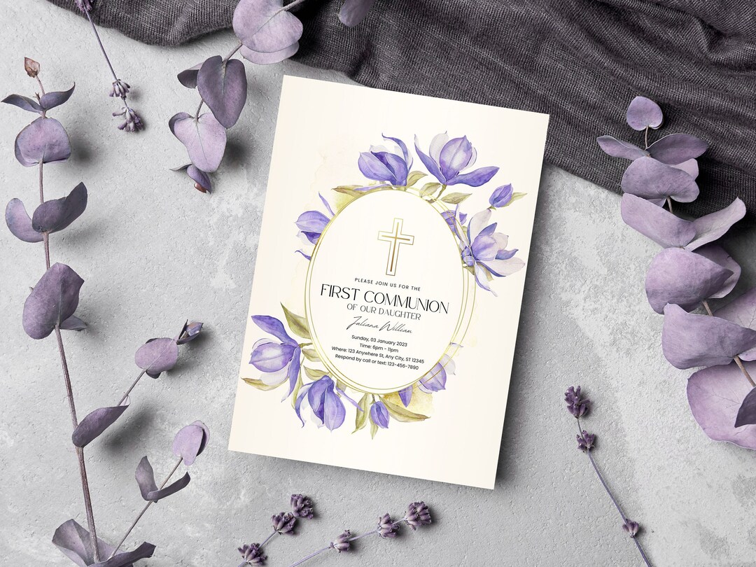Purple and Grey Floral Girl Communion Invitation, Watercolor Holy ...