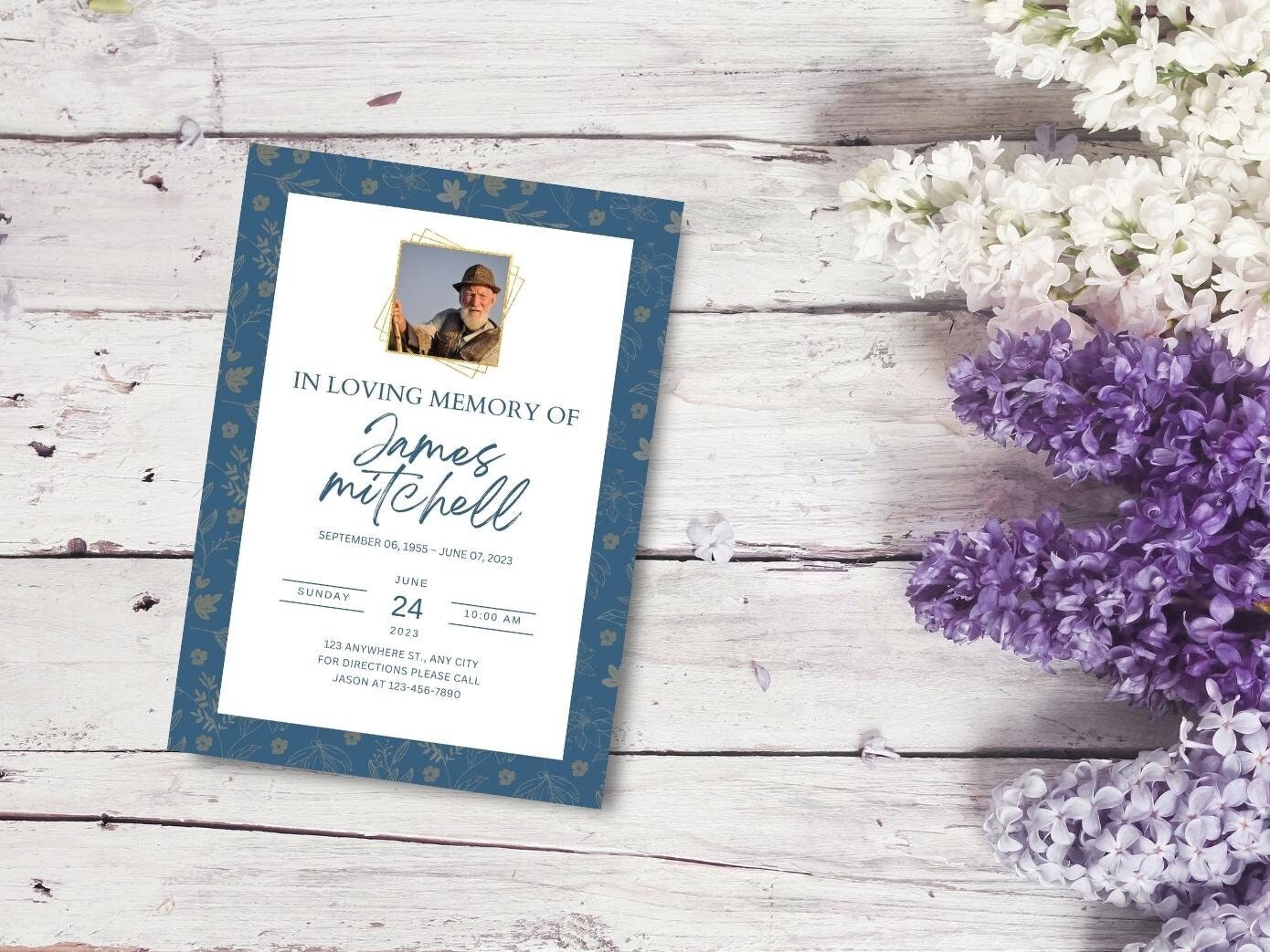 Blue Floral Funeral Memorial Card Digital Funeral Invitation - Etsy