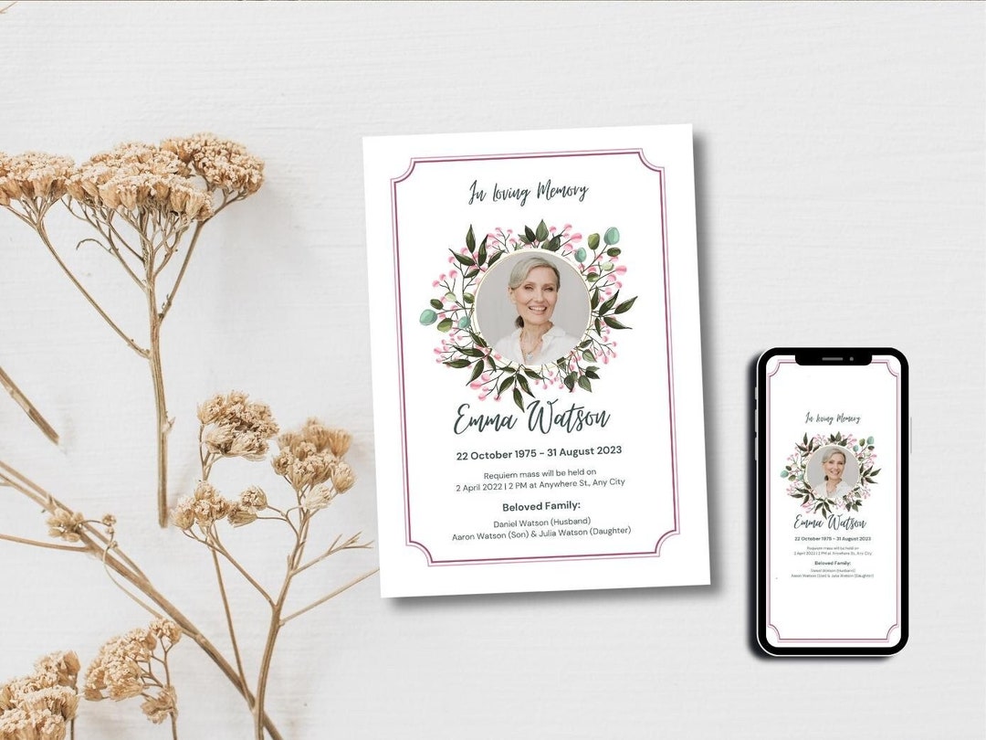 Funeral Memorial Card, Digital Funeral Invitation, Floral Memorial ...