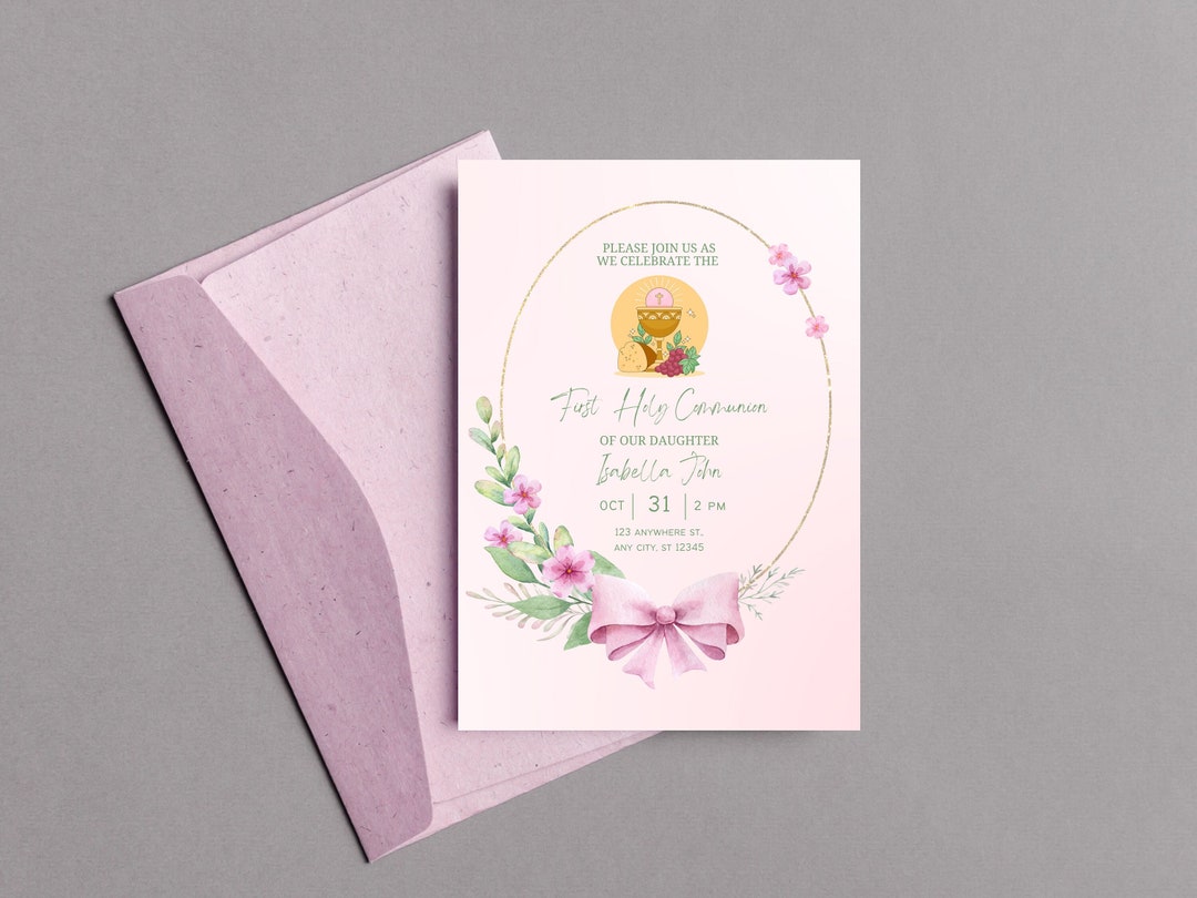 Pink and Green Girl Communion Invitation, Elegant Holy Communion ...