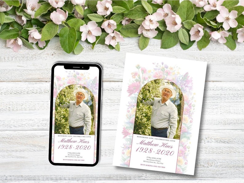 Funeral Memorial Card, Digital Funeral Invitation, Pink Watercolor ...