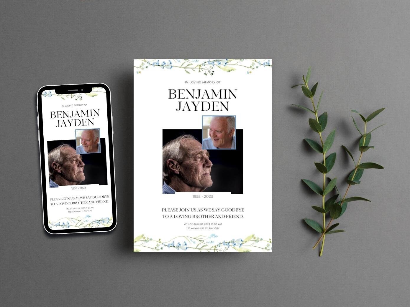 Blue Floral Funeral Memorial Card, Digital Funeral Invitation, Memorial ...