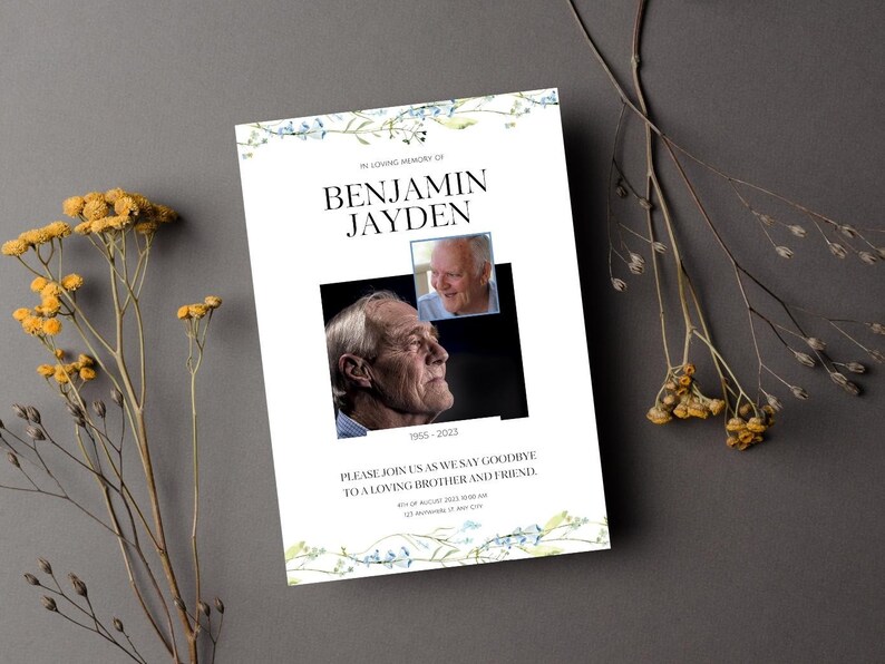 Blue Floral Funeral Memorial Card, Digital Funeral Invitation, Memorial ...