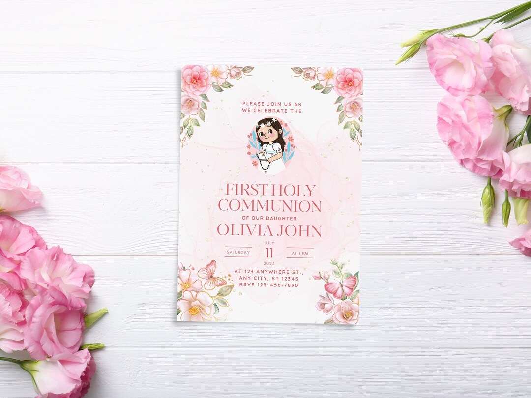 Pink Floral Girl Communion Invitation, Watercolor Holy Communion ...