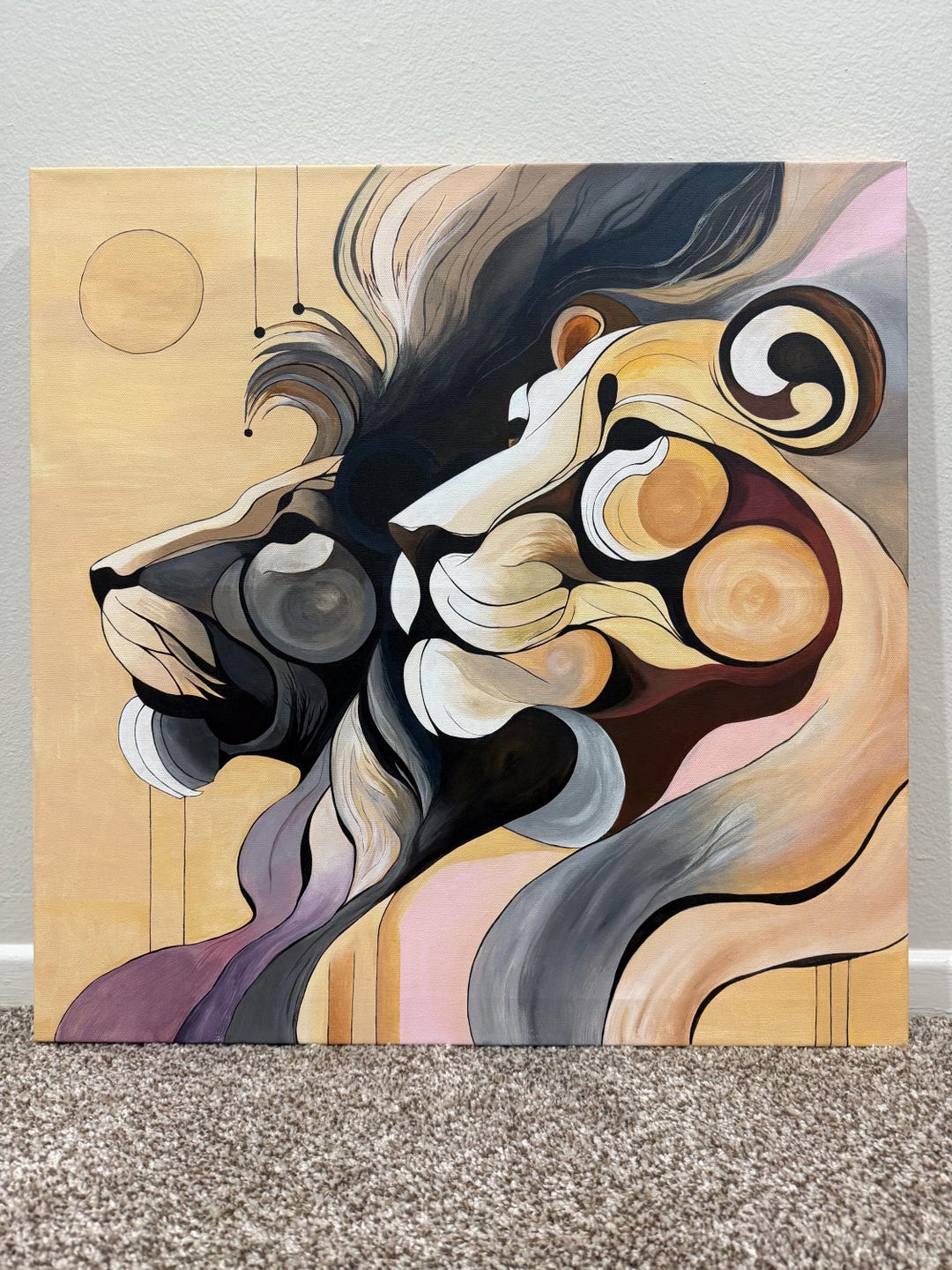 Abstract Acrylic Painting of Lions on Canvas. Lion and Lioness ...