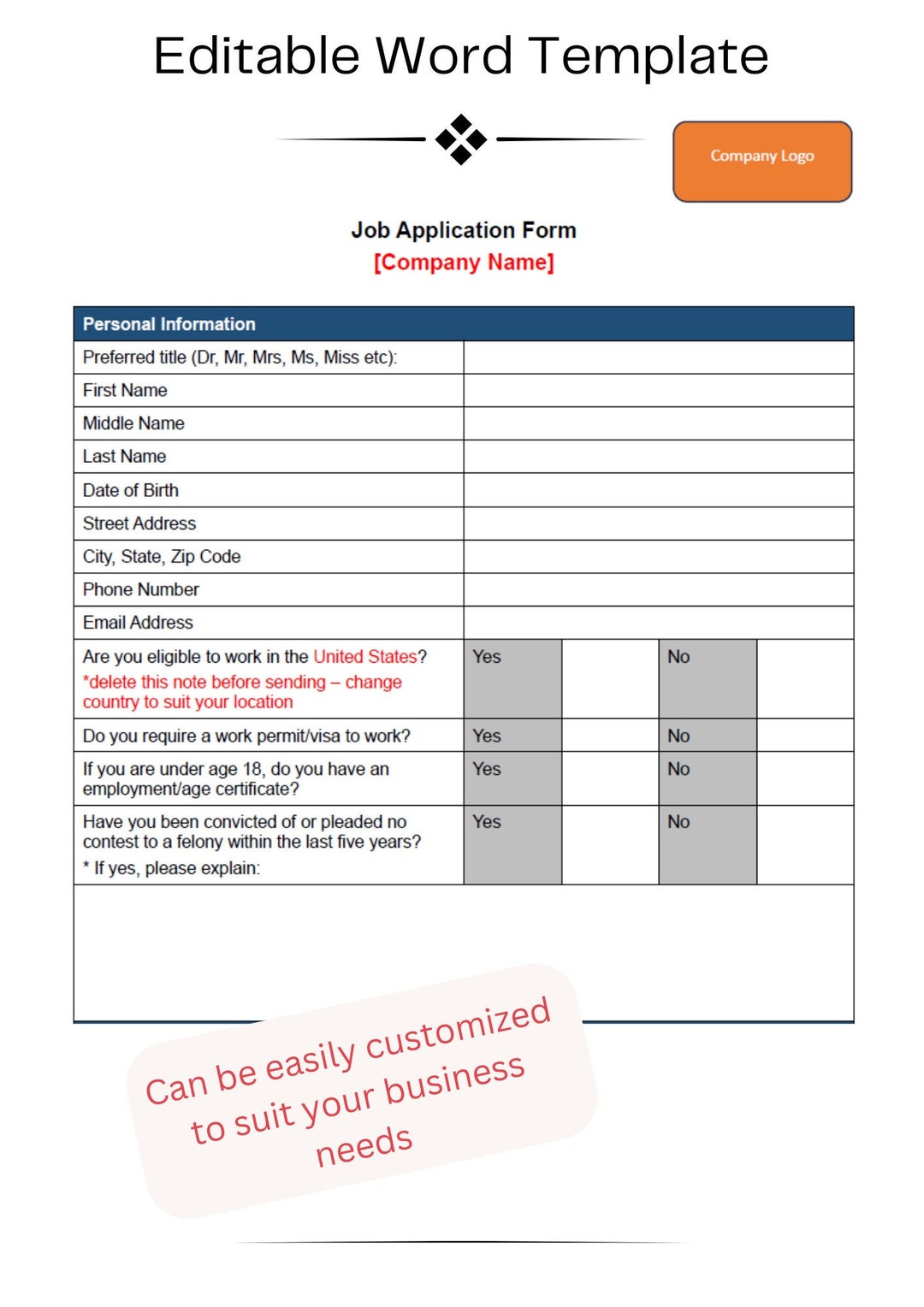 Editable Job Application Form Template Streamline Hiring for Small ...