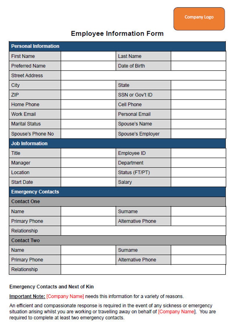 Editable Employee Information Form Employee Information and Emergency ...