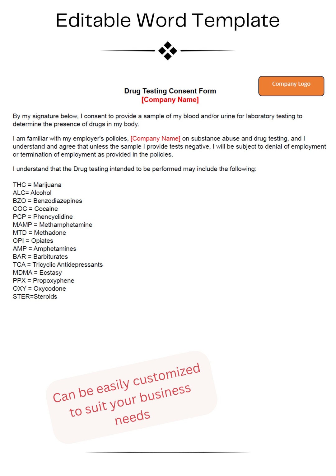 Editable Drug Testing Consent Form Template for Line Managers & Small ...