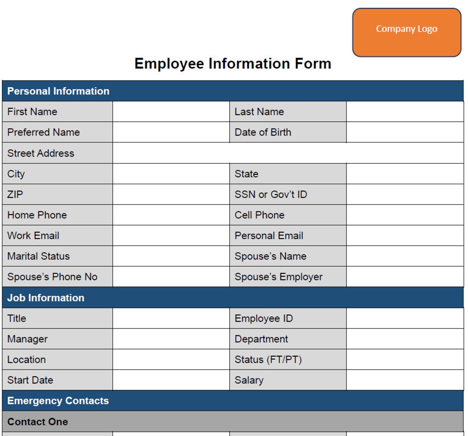 Editable Employee Information Form Employee Information and Emergency ...