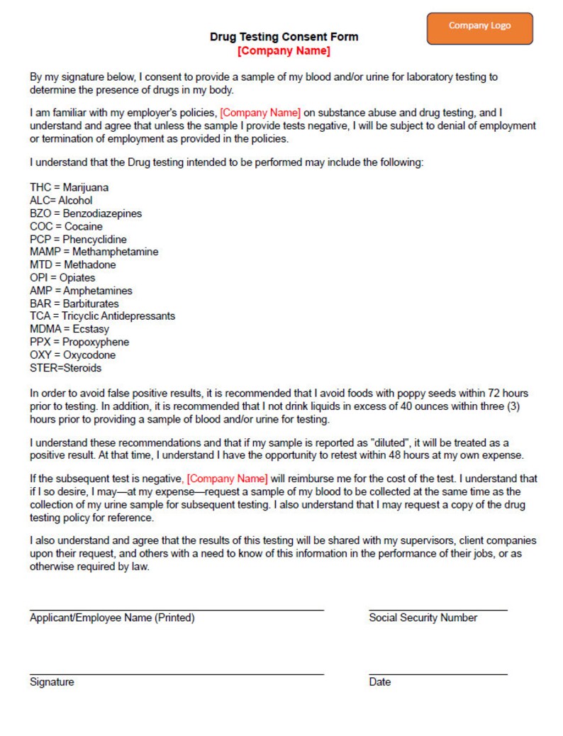 Editable Drug Testing Consent Form Template for Line Managers & Small ...