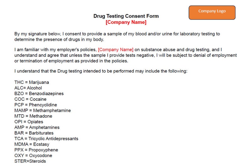 Editable Drug Testing Consent Form Template for Line Managers & Small ...
