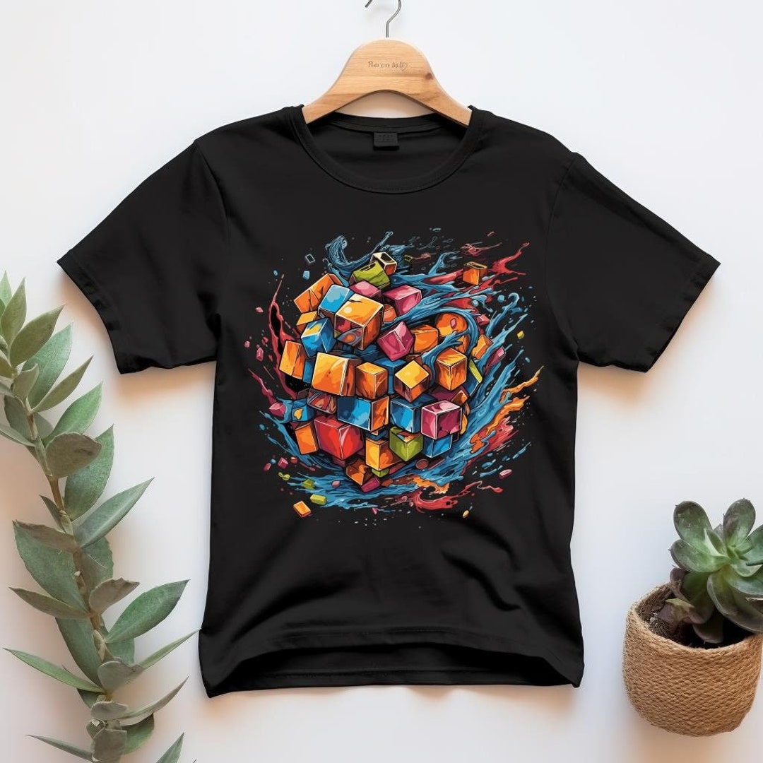 Cube Pattern T-shirt, Three Dimensional T-shirt, Colorful Cube Shirt ...