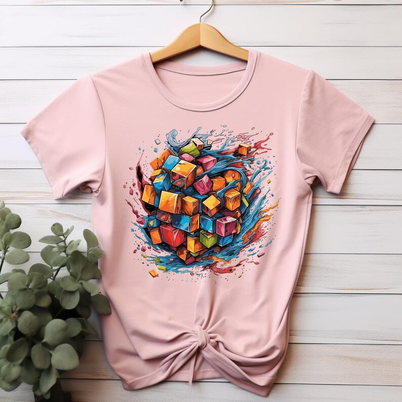 Cube Pattern T-shirt, Three Dimensional T-shirt, Colorful Cube Shirt ...