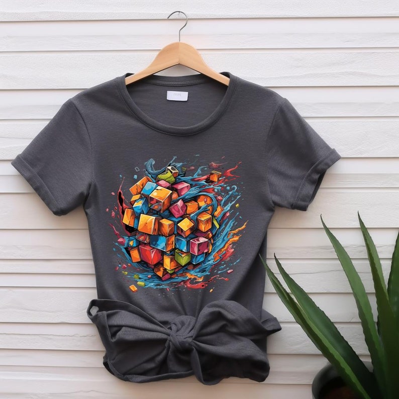 Cube Pattern T-shirt, Three Dimensional T-shirt, Colorful Cube Shirt ...