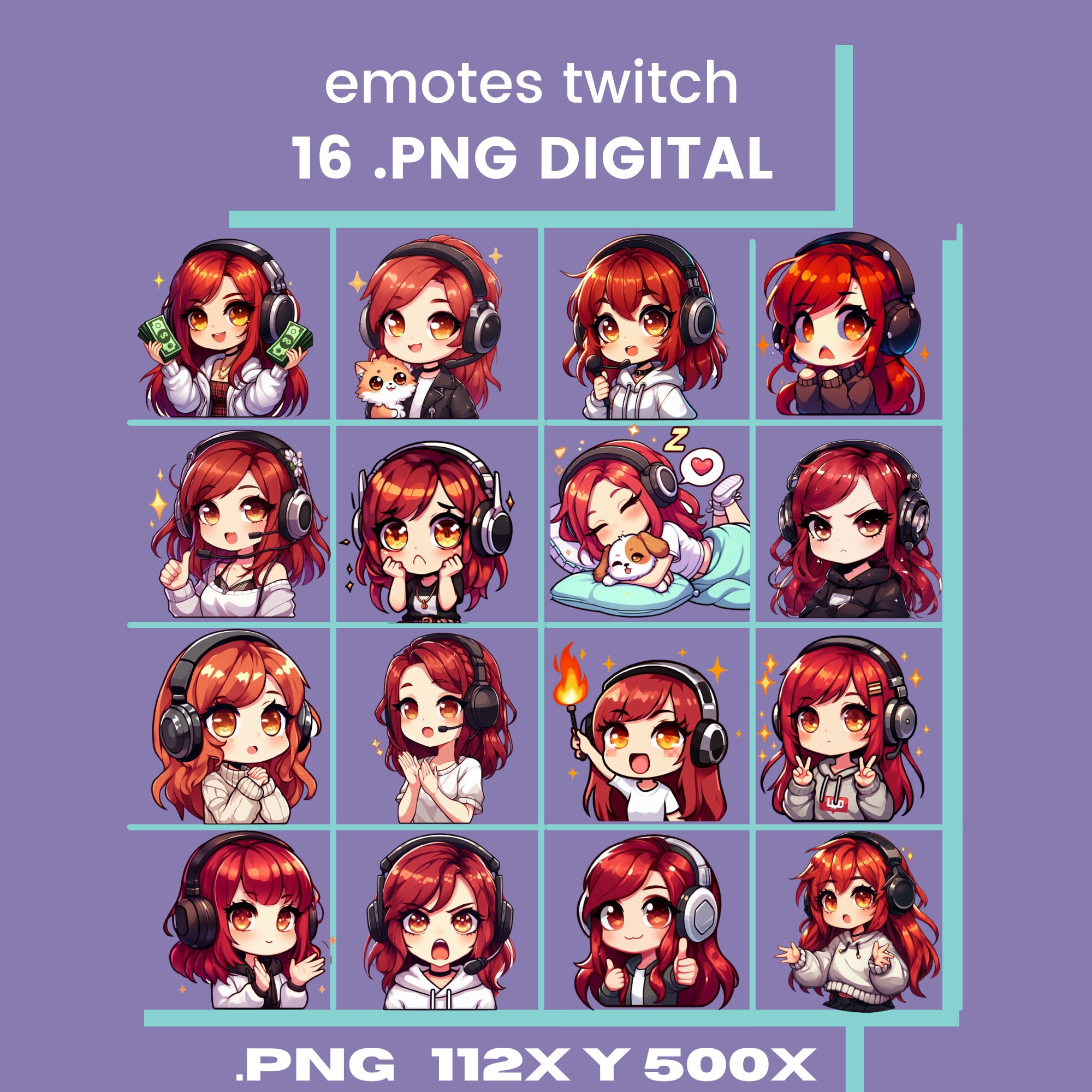 Red Hair Girl Chibi Twitch Emotes. Redhead Girl Emotes. Streaming ...