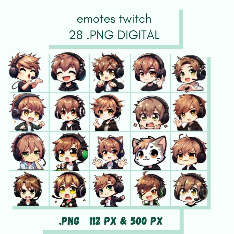 Anime Gamer Boy Emotes Pack for Twitch, Discord, Youtube | 28 Kawaii ...