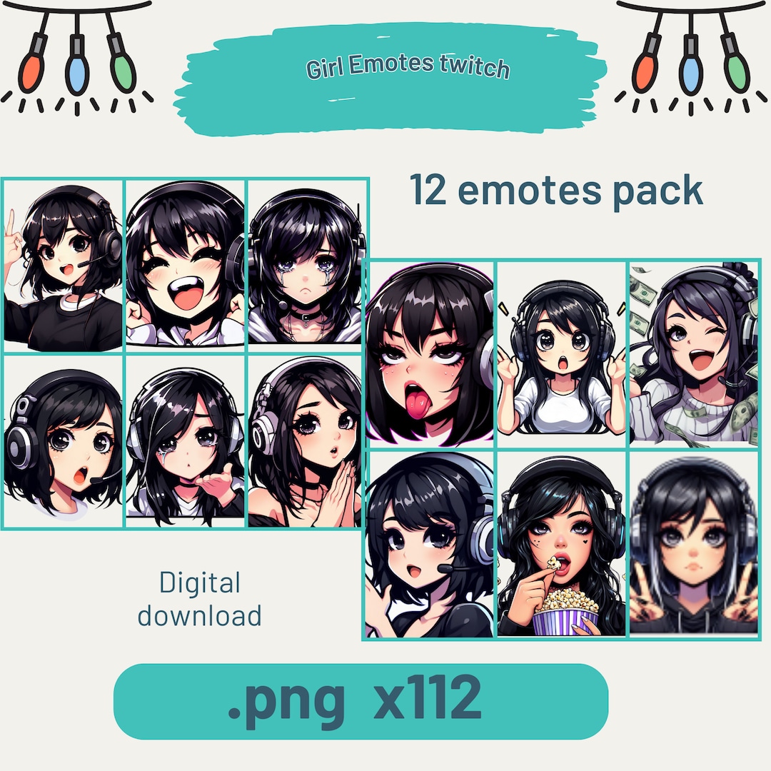 12 Black Hair Girl Emotes Pack - Cute Chibi Gamer Emotes - Twitch ...