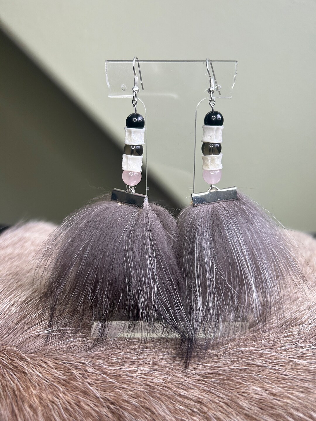 Real Fox Fur Rose Quartz Smokey Quartz Onyx Salmon Bone Earrings - Etsy