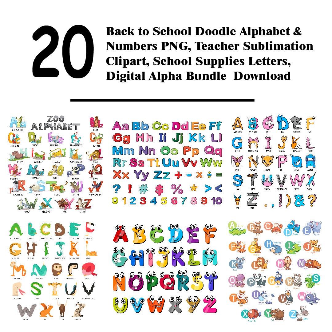 Doodle Alphabet & Numbers PNG: Back to School Clipart (digital Download ...